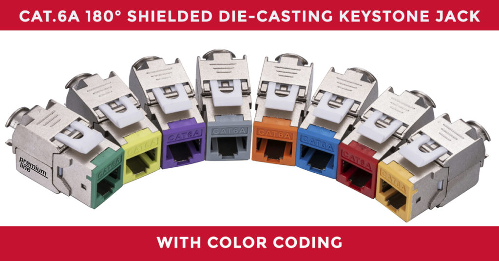 Connecteur blindé 180° catégorie 6A, moulé sous pression avec code couleur